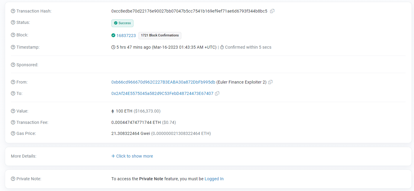 Euler : Le pirate restitue 100 ETH à l'une des victimes