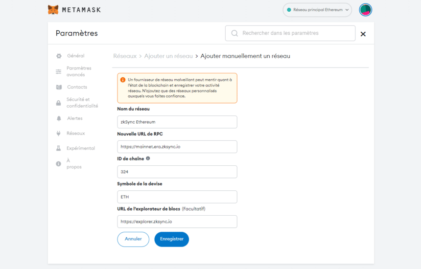 Guide : Configurer le layer 2 zkSync avec le portefeuille MetaMask Guide : Configurer le layer 2 zkSync avec le portefeuille MetaMask